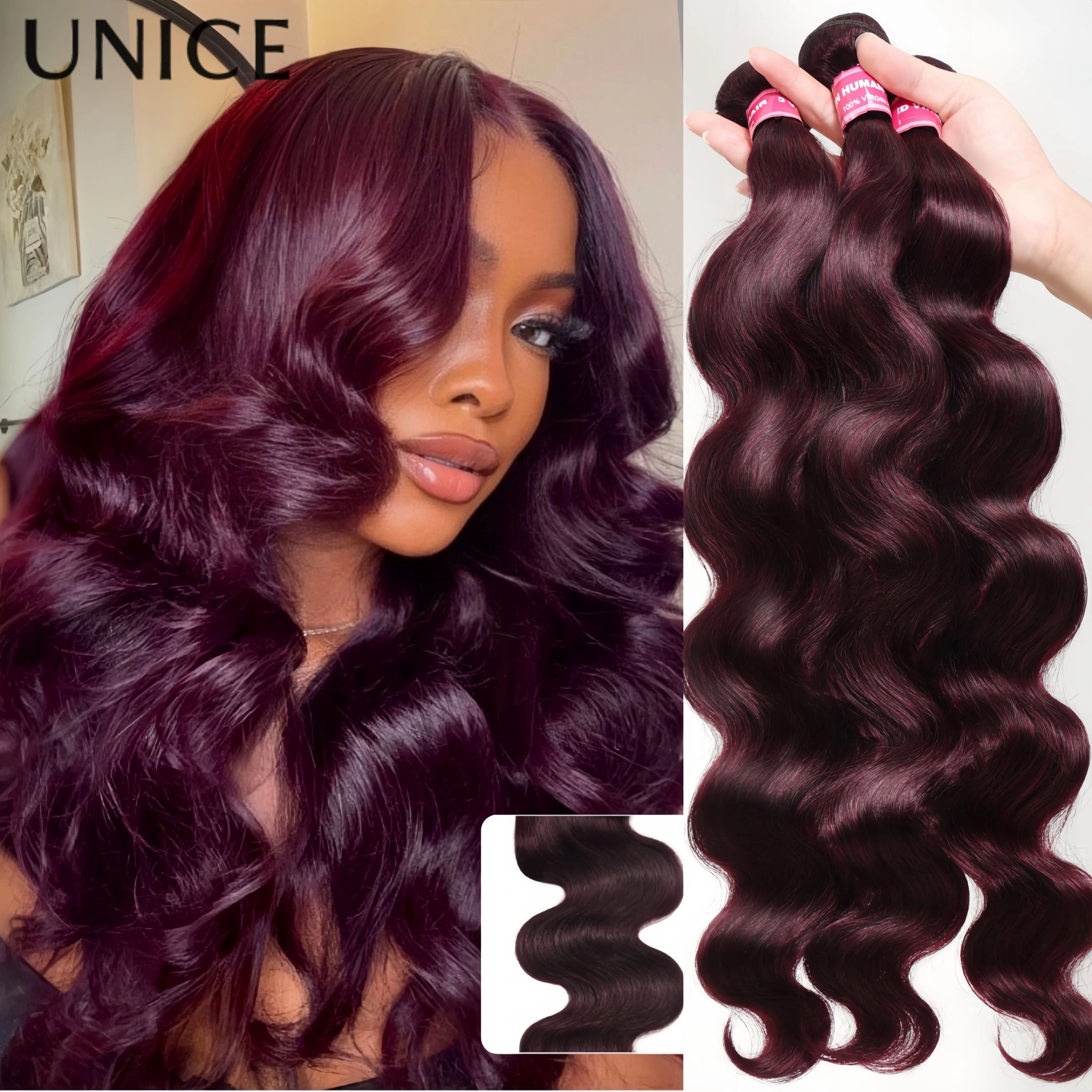 UNice Hair Bundles 3 Pcs/1 Bundle Hair Purple Black Cherry Body Wave ...