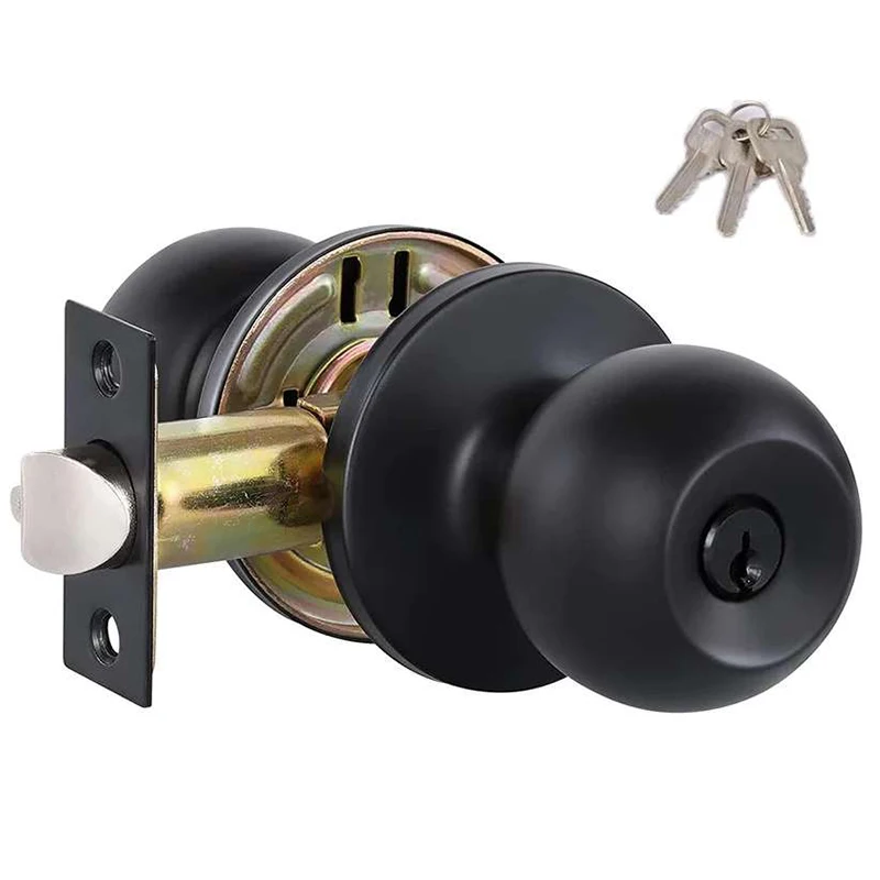 Black-Matte-Round-Ball-Door-Knob-With-Lock-And-Keyed-Hardware-Three-Bar ...