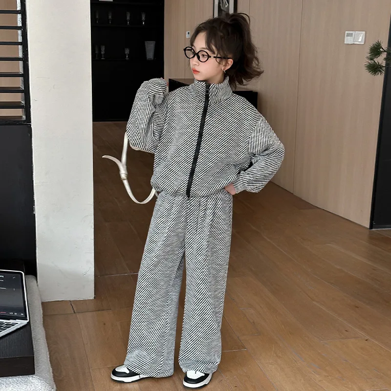Spring Autumn Girls Cotton Striped Plain Full Zipper Sweat Jackets+Pant ...