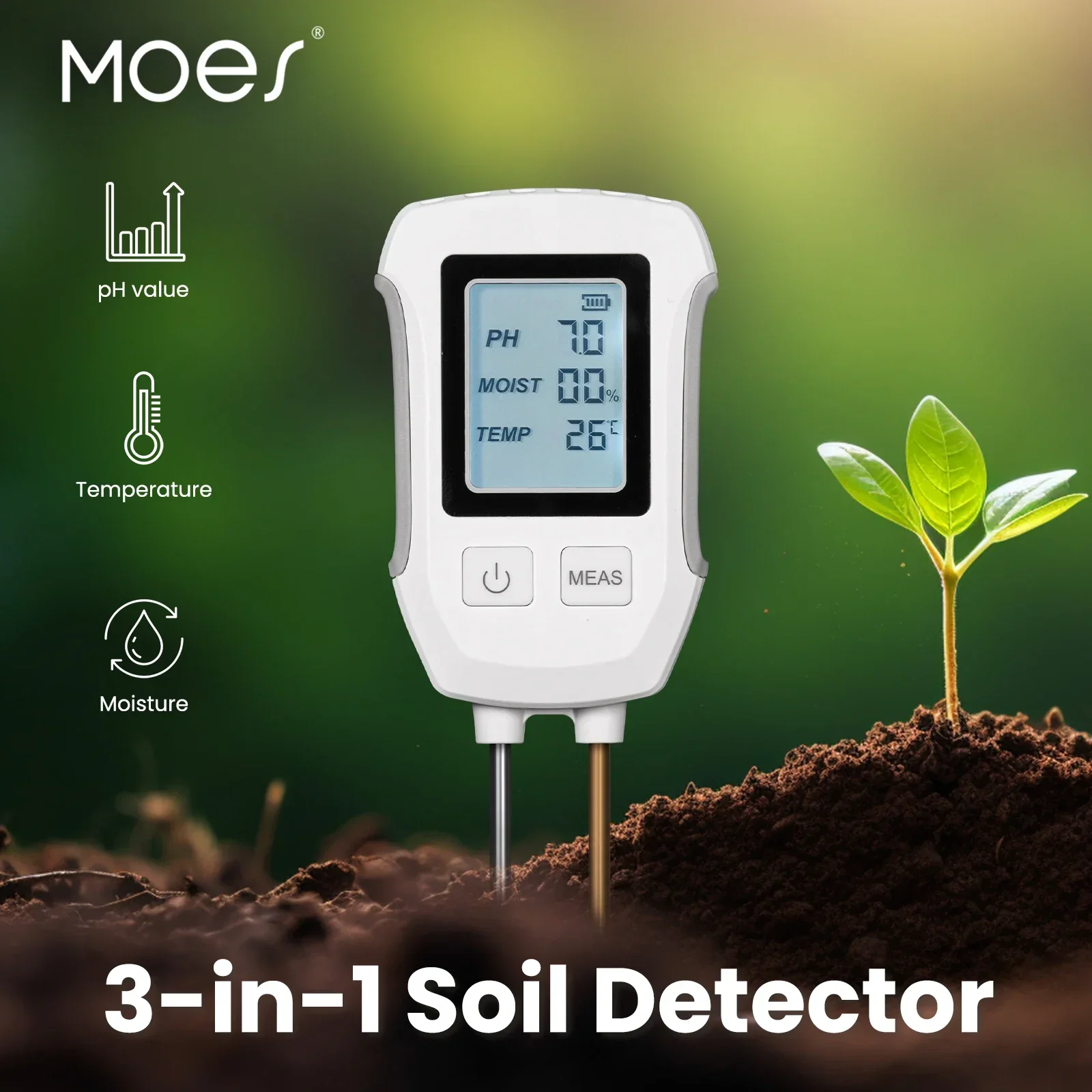MOES 3 in 1 Soil PH Detector Tester LCD Screen Thermometer Temperature ...