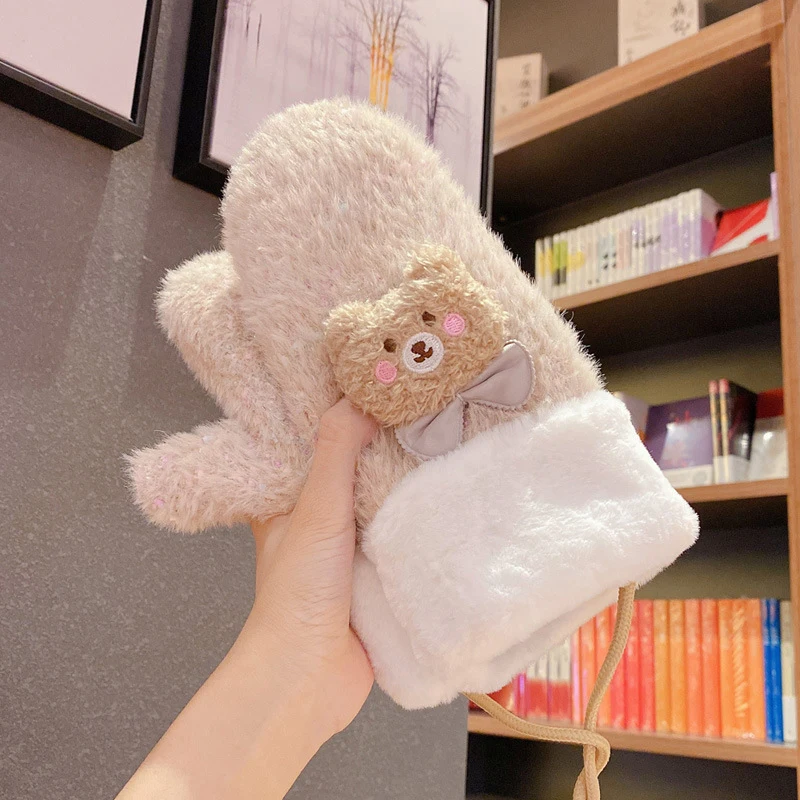귀여운 곰 인형 부드러운 플러시 장갑 여성용 겨울 따뜻하고 두꺼운 핑거리스 장갑 핸드 가드 야외 워머 여아 크리스마스