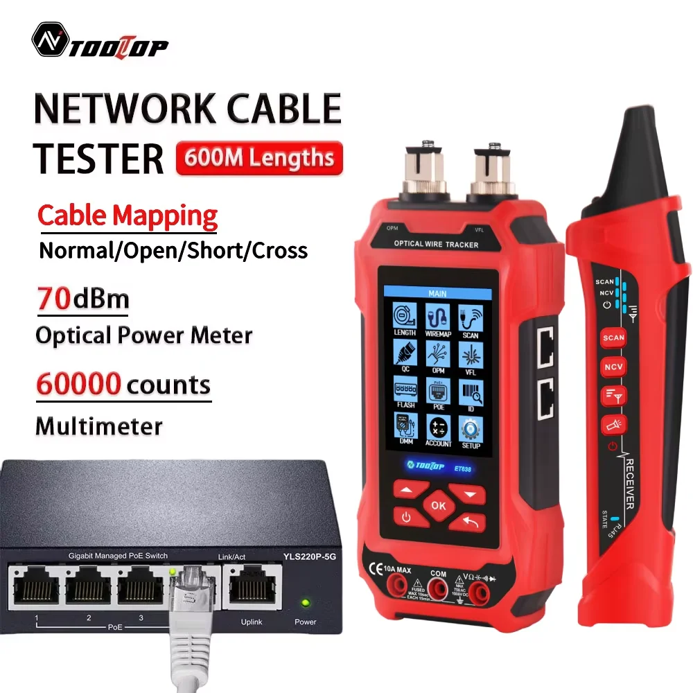 TOOLTOP ET638 Network Cable Tester 60000 counts Multimeter Optical ...