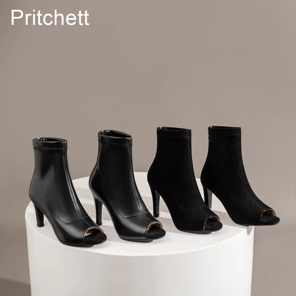 Black Microfiber/Patent Leather Mid Calf Women Peep Toe Boots Large ...