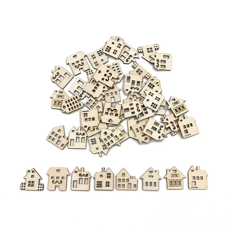 50PCS-Wood-Craft-Shapes-House-Shaped-Wood-Embellishment-Cutout-Veneers ...