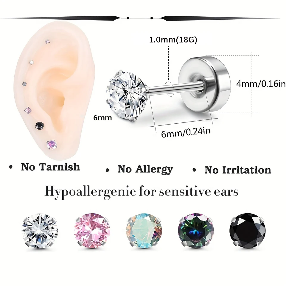 Flat Back Earrings Hypoallergenic 3 Pairs Titanium - Hypoallergenic CZ ...