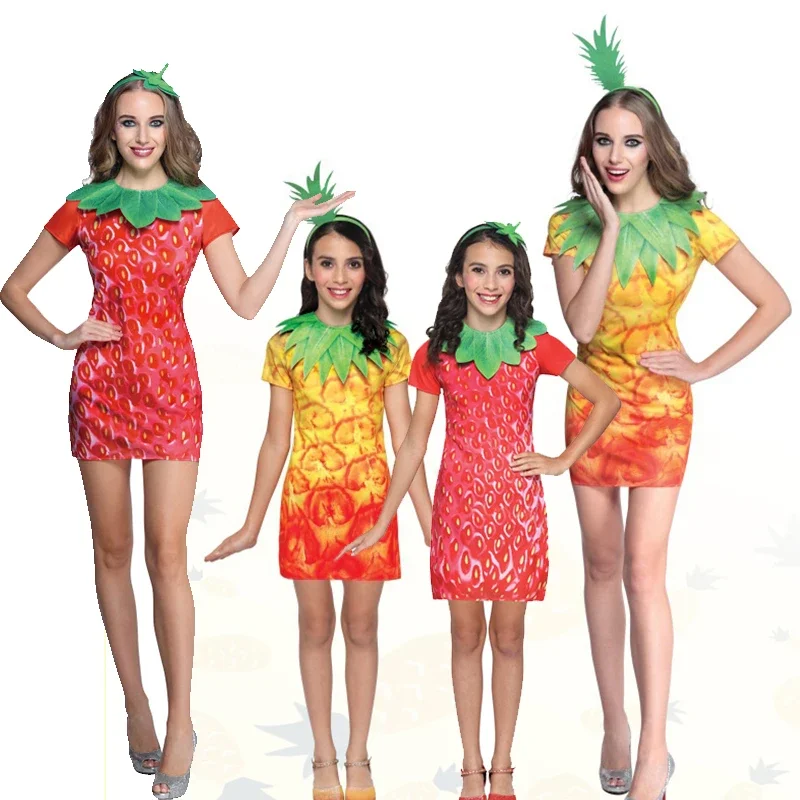 Adult-girls-pineapple-costume-short-sleeve-strawberry-dress-with ...