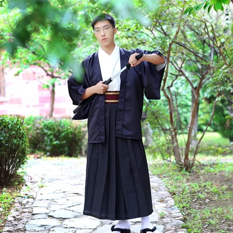 8pcs/set Japanese Kimono Men's Formal Wear Yukata Traditional Line Lamp Hakama Feather Weaving ...