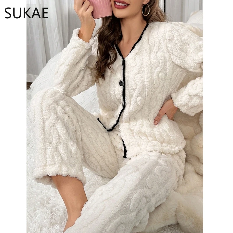 SUKAE Winter Women Pajamas Set Jacquard Fluffy Lady Sleepwear Elegant ...