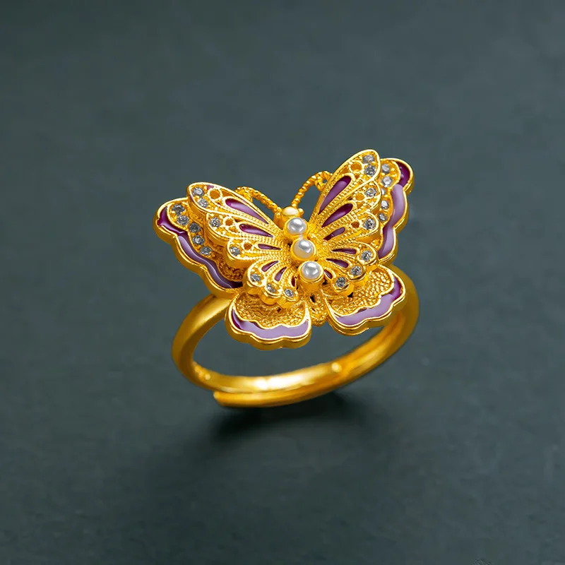 Niche-Design-Pearl-Butterfly-Ring-Sand-Gold-Fashion-Double-layer-Enamel ...