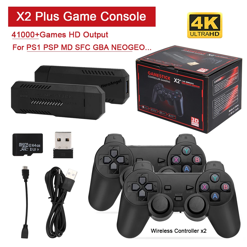 Novo x2 plus 4k gamestick retro console de jogos de vídeo 2.4g controlador sem fio hd emuelec4.3 ...