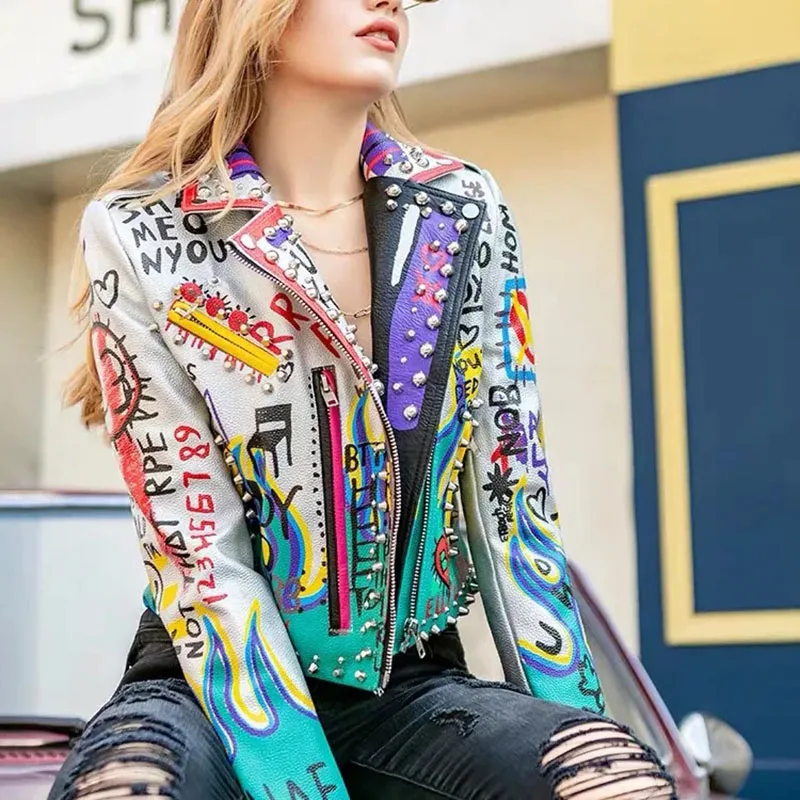 Womens-Rivet-Beading-Pu-Jacket-Hit-Color-Streetstyle-Graffiti-Outerwear-letters-Printed-leather ...