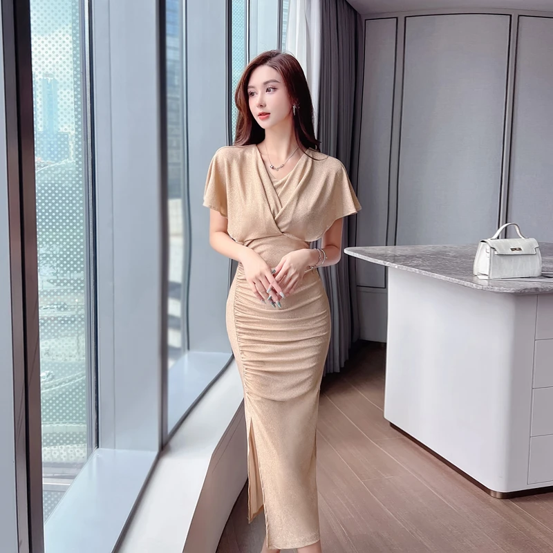 Waist Woman Dresses Ladies 2022 Fashion Women V Neck Elegant Medium and Long Feifei Sleeves ...