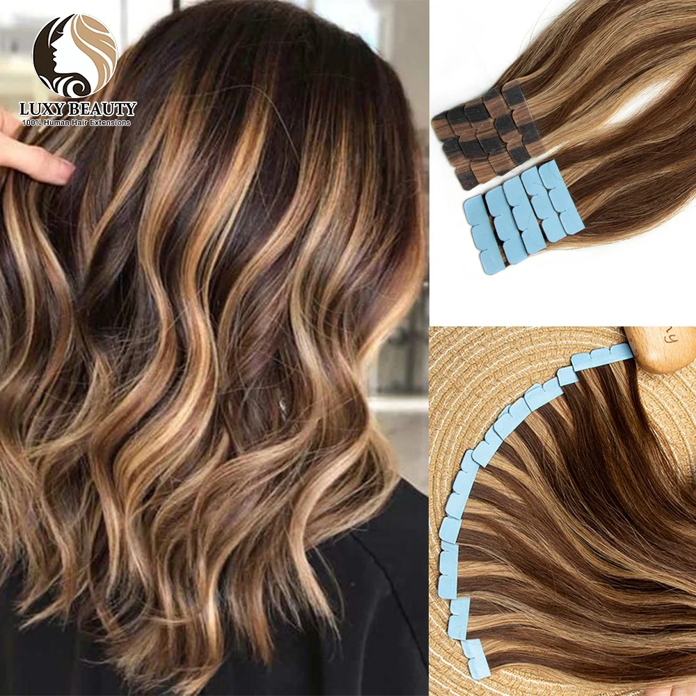 Brown-Mini-Tape-in-Human-Hair-Extensions-Natural-Straight-Black-Blonde ...