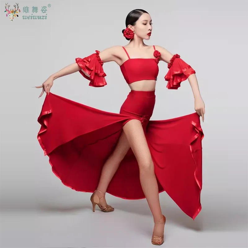 Modern Latin Dance Performance Costumes for Women TStrap Top High Slit ...