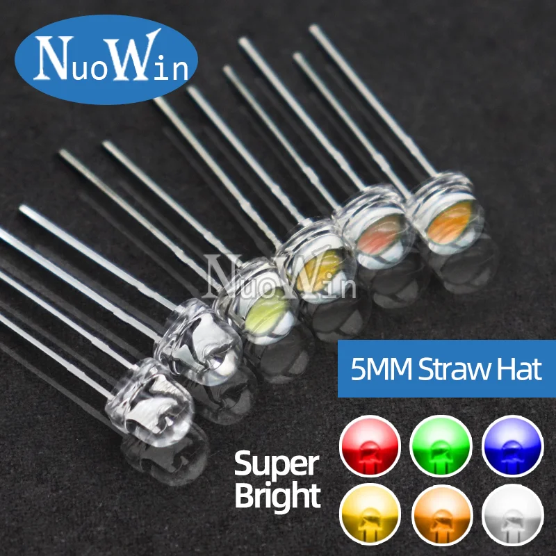 50PCS 5MM Straw Hat LED Diode Super Bright White 0.3W 0.5W 0.75W F5 ...