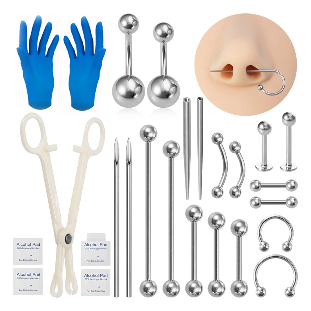 Body Piercing Kit Surgical Steel Threaded Taper Pin Needles Lip Nose ...