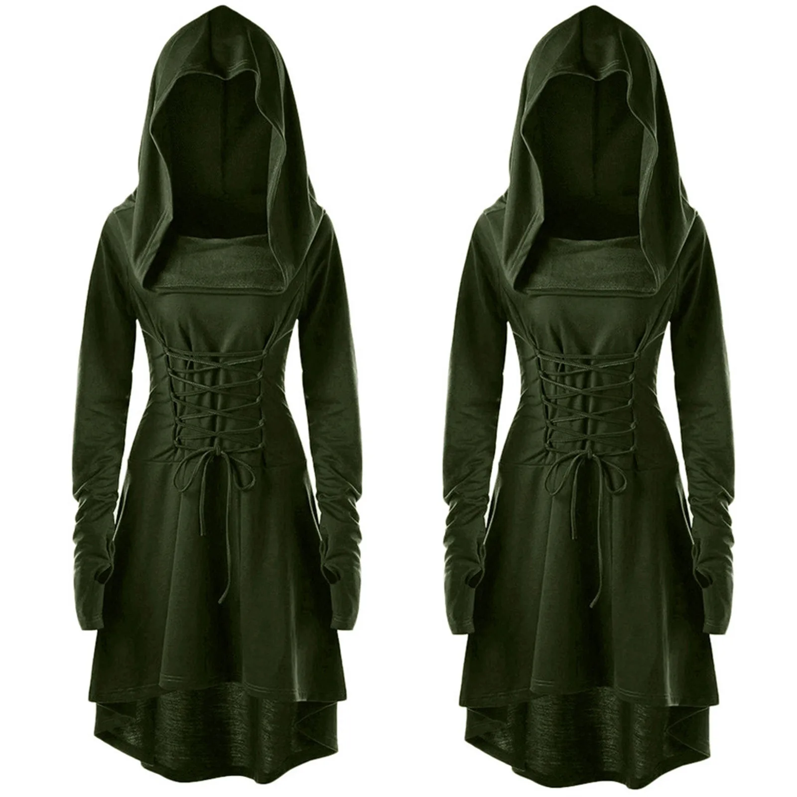 Medieval Women Archer Costume Long Sleeve Hooded Pixie Cosplay Dress ...
