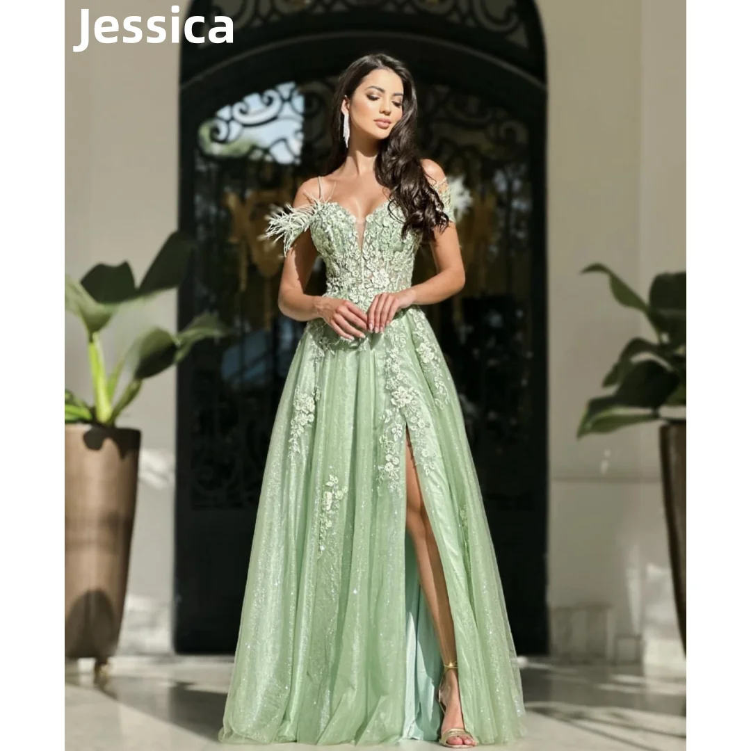 Green-Flash-Prom-Dress-Luxurious-Feather-Applique-A-shaped-Side-Slit ...