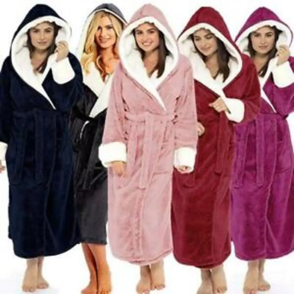 Women's Fleece Bathrobe Ladies Dressing Gown Long Hooded Sleepwear Soft ...