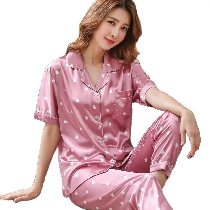 Women Satin Sleepwear Floral Silk Pajamas Set Short Sleeves Long Pants ...