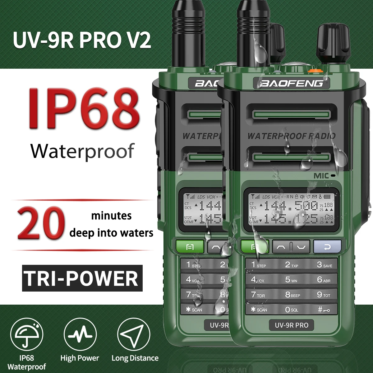2PCS Baofeng UV-9R PRO V2 IP68 Waterproof Walkie Talkie High Power UHF ...