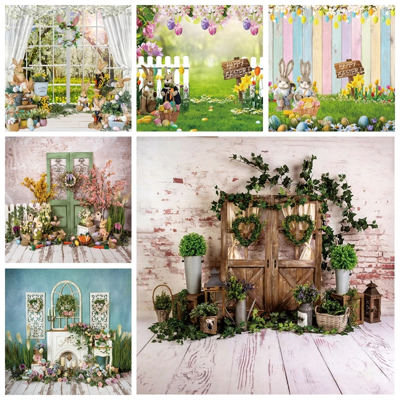 Spring-Easter-Floral-Backdrop-Rabbit-Eggs-Fence-Grass-Background-Easter ...