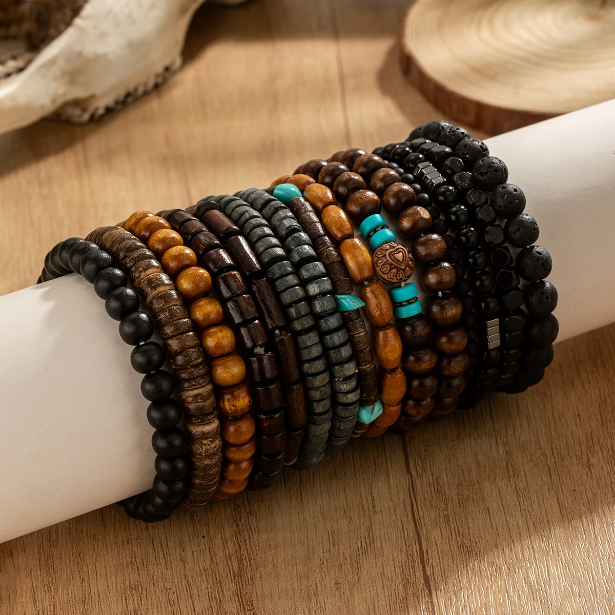 15-handmade-wooden-bead-volcanic-stone-bead-bracelet-card-set-suitable ...