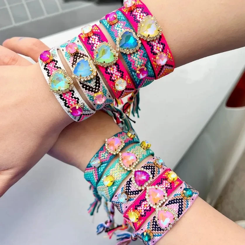 6Pcs-Fashion-Braided-Fabric-Bracelet-For-Women-Shiny-Crystal-Heart ...