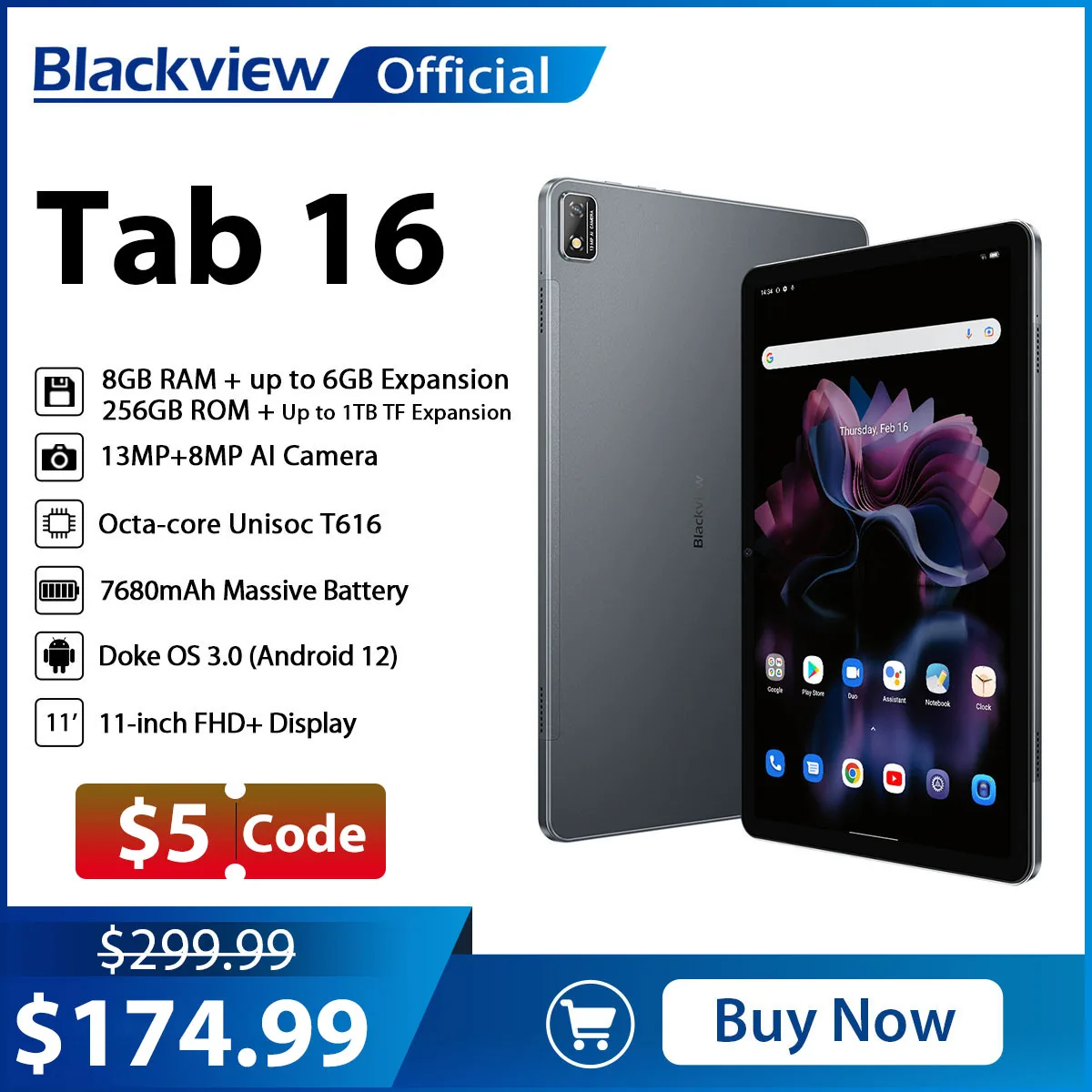 Blackview-Tab 16 Tablet Duplo, Android 12, T616, 11 ", 2K FHD + Display ...