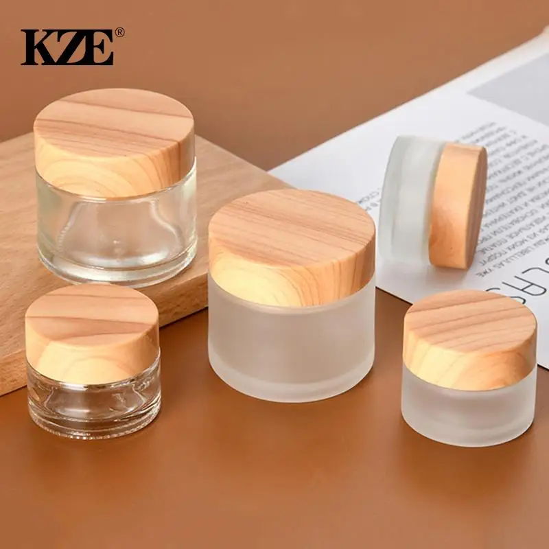 Empty-Clear-Glass-Round-Jars-With-Wooden-Lids-Travel-Bottle-Lotion ...