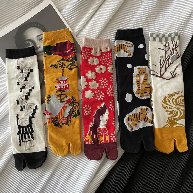 Women Colorful Combed Cotton Tabi Socks Funny Happy Cartoon Tiger ...