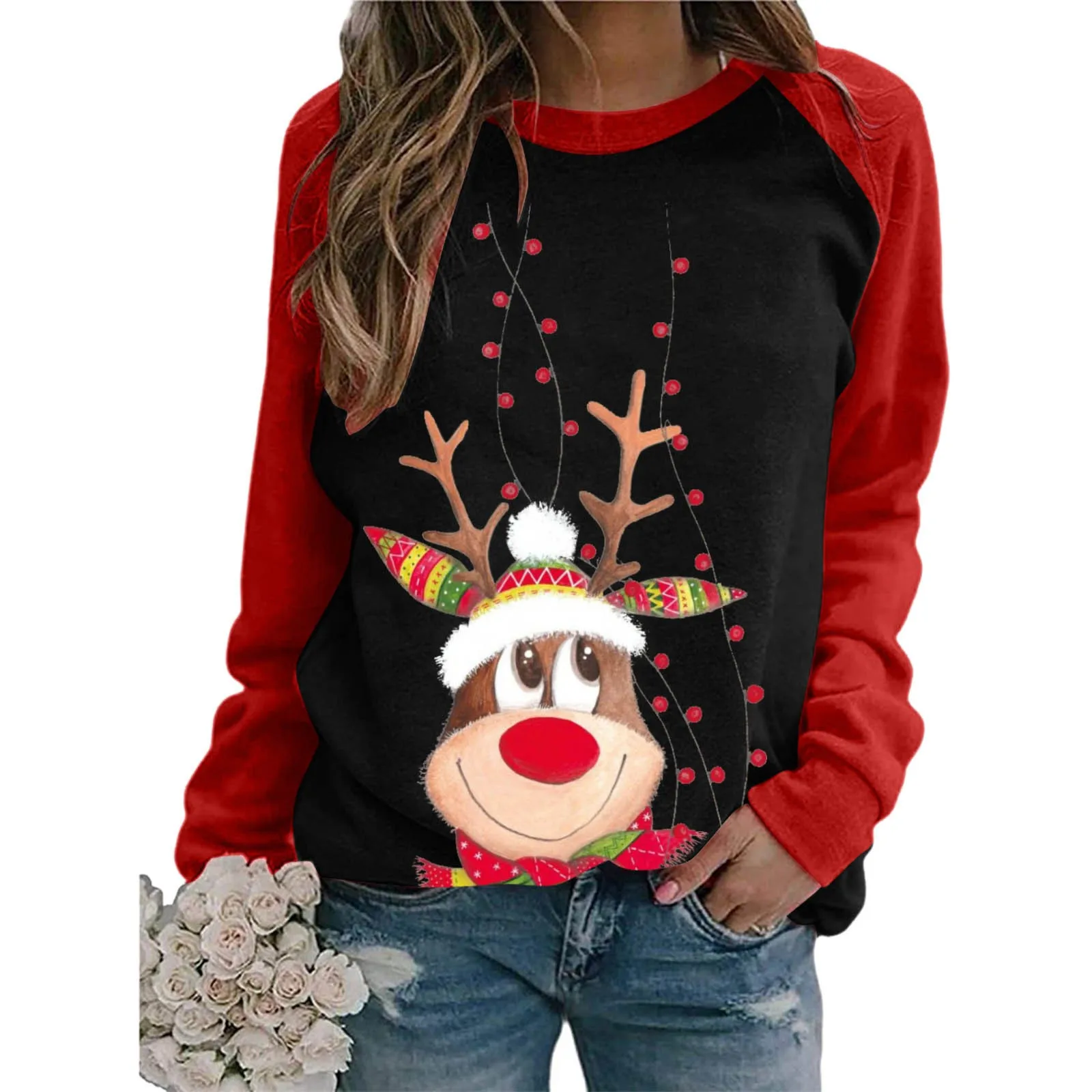 Camiseta-feminina-de-manga-comprida-estampada-de-Natal-top-elegante ...