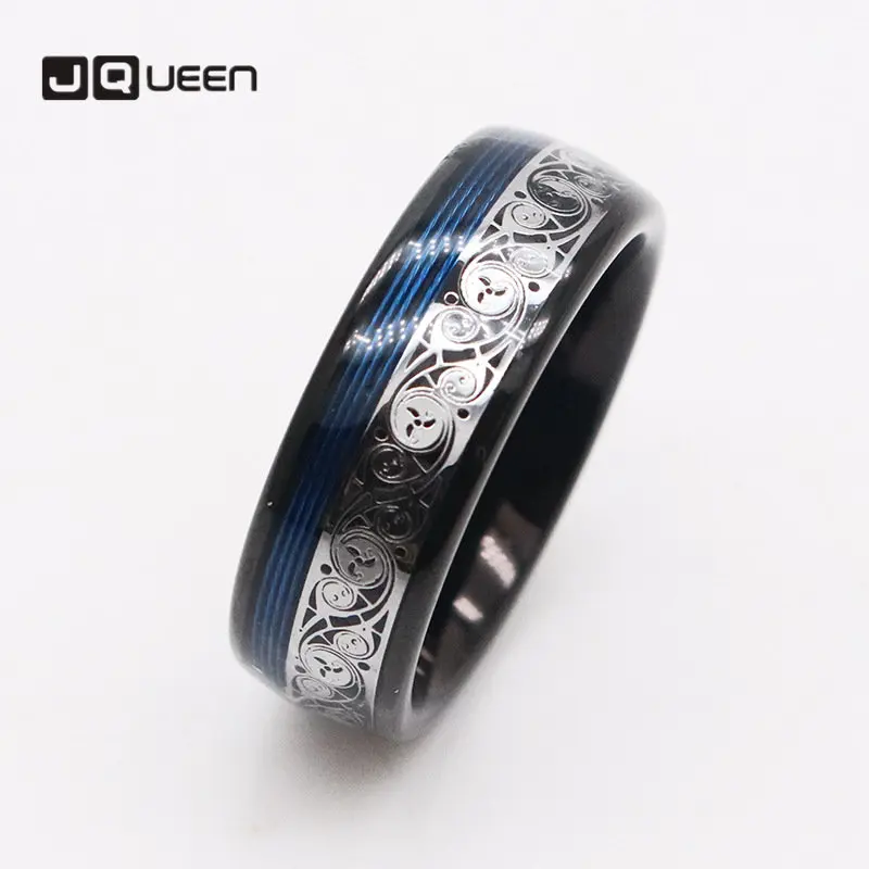 JQUEEN-8mm-Tungsten-Steel-Ring-Plating-Black-Inlay-Triple-Spiral ...