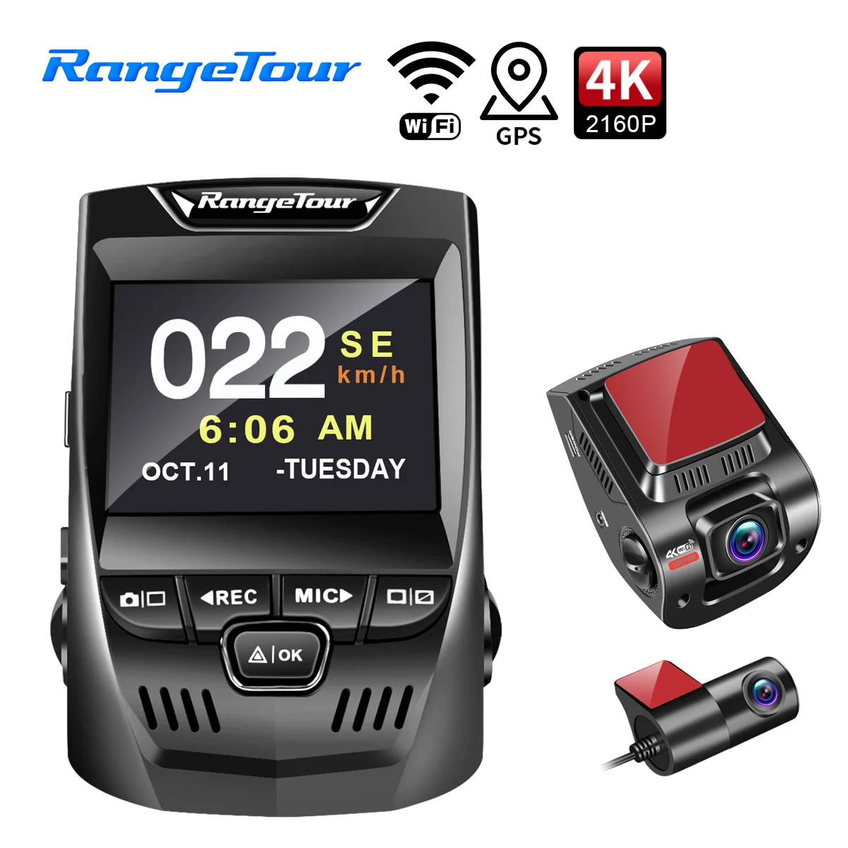 Car DVR Camera 4K 3840*2160P+1080P Build-in GPS WiFi Dash Cam Front and ...