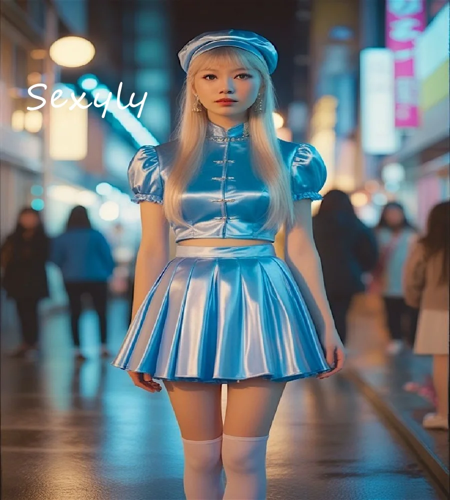 Vibrant Blue Two Piece Prom Dress 2025 High Neck Korean Cosplay Dress ...