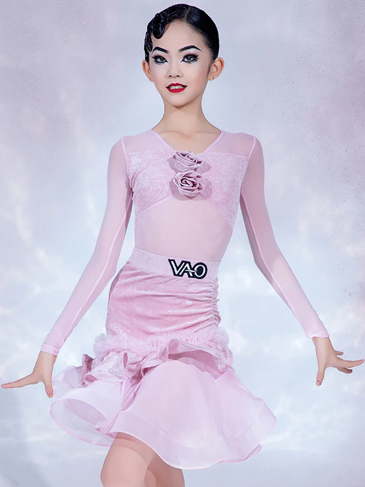 New-Girls-Pink-Latin-Dance-Costume-Flower-Long-Sleeves-Performance-Set ...