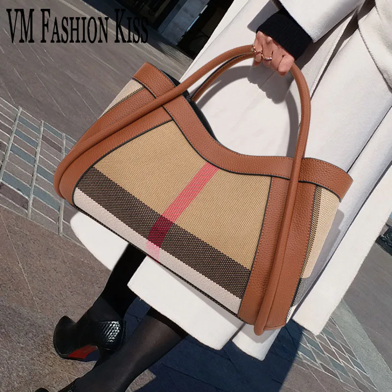VM FASHION KISS Stripes Handbag Canvas+Genuine Leather 2024 Popular ...