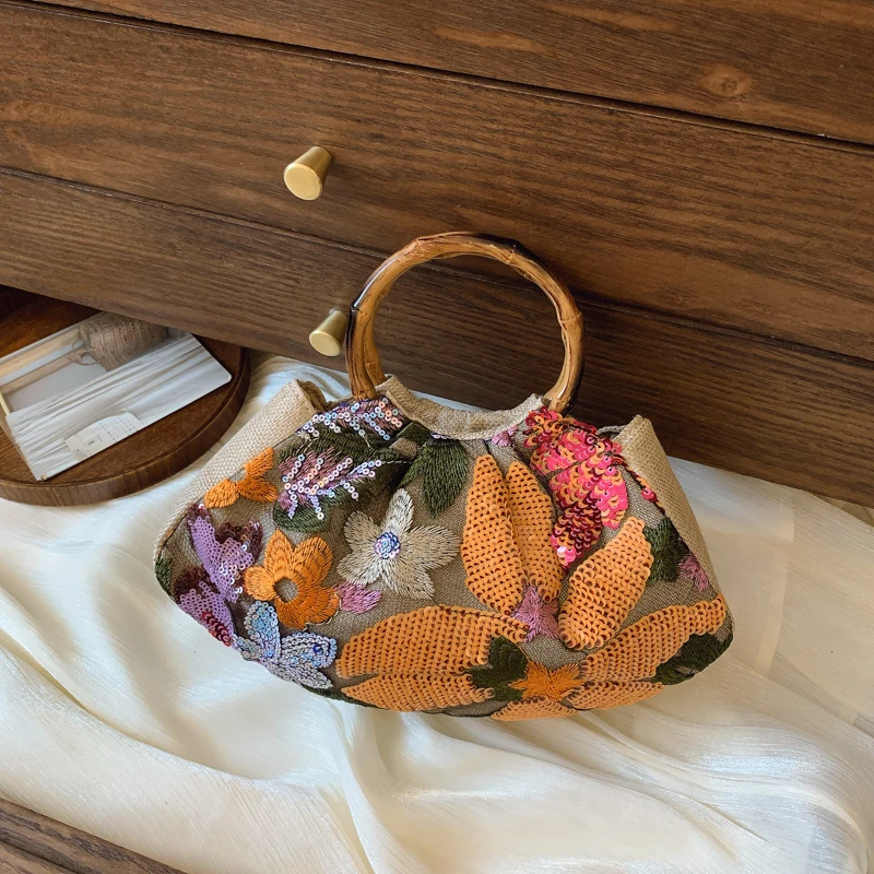 Thread Embroidery Handbag Vintage Wood Handle Tote Women Luxury Sequin ...