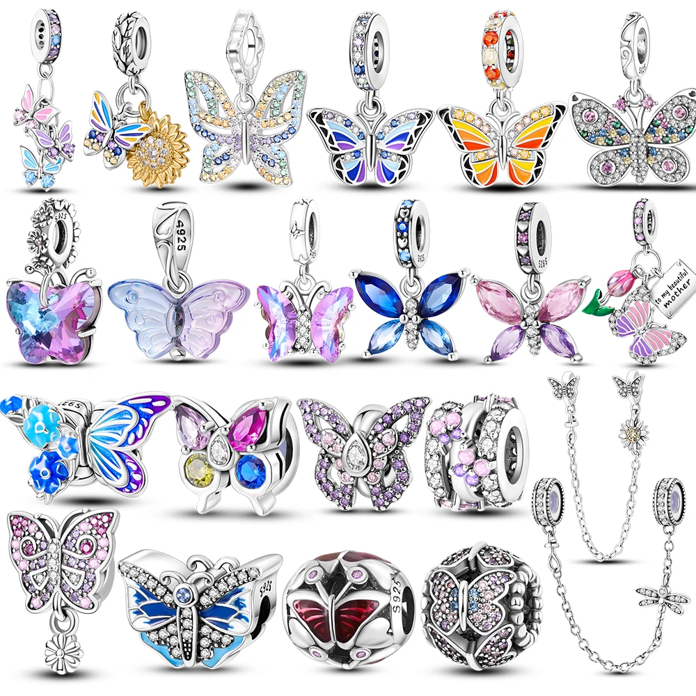 925-Sterling-Silver-Butterfly-Series-Charms-Beads-Zirconium-Round-Charm-Pendant-Fit-Original ...