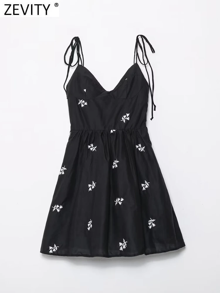 Zevity-Women-Fashion-V-Neck-Floral-Embroidery-Black-Sling-Mini-Dress ...