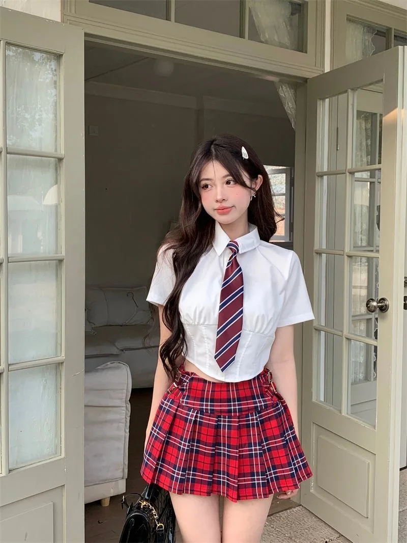 Aiertu American Style School Girl Uniform Set Summer Daily Slim Vest M