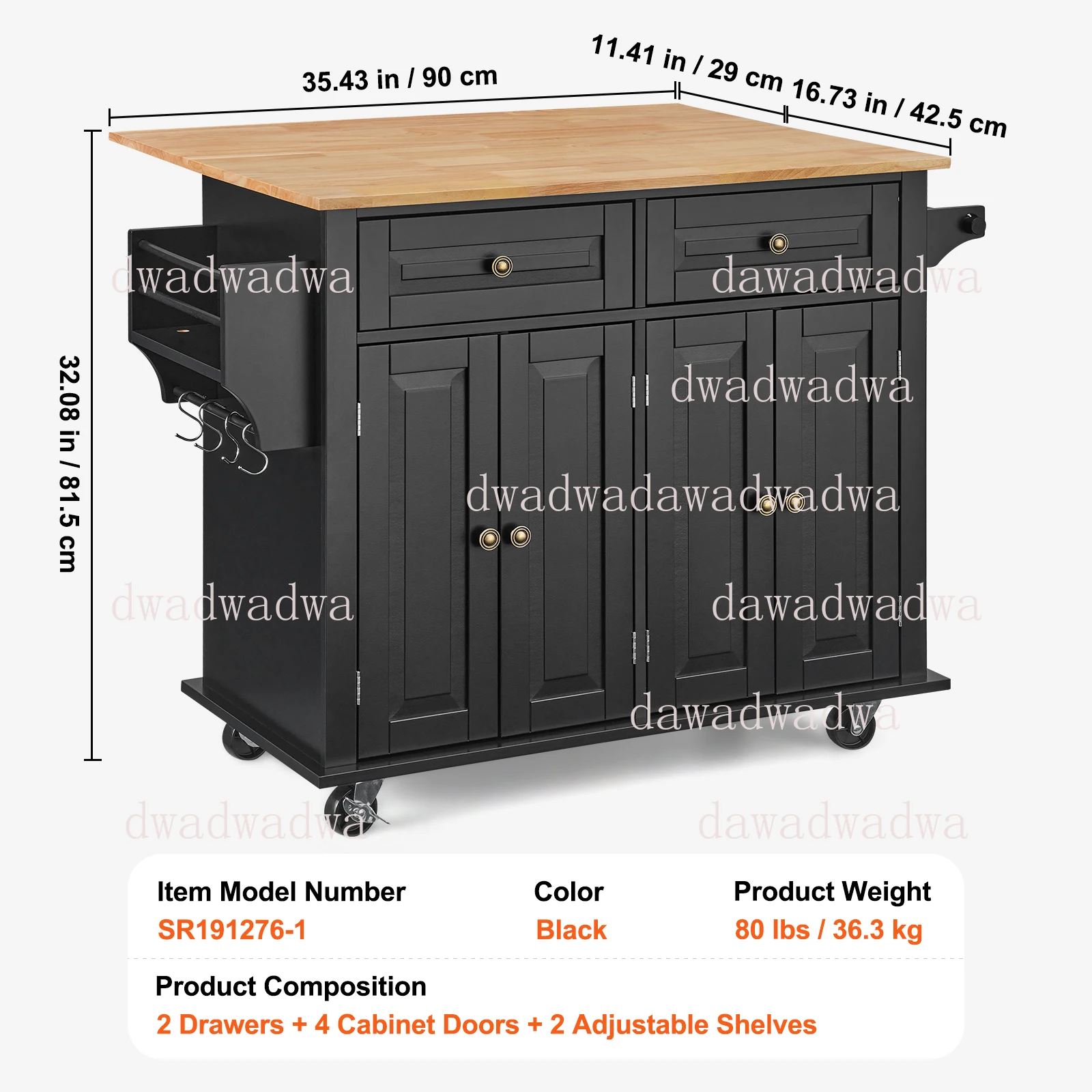 43" Kitchen Island Cart Wood Top Mobile Carts with Storage Cabinet ...