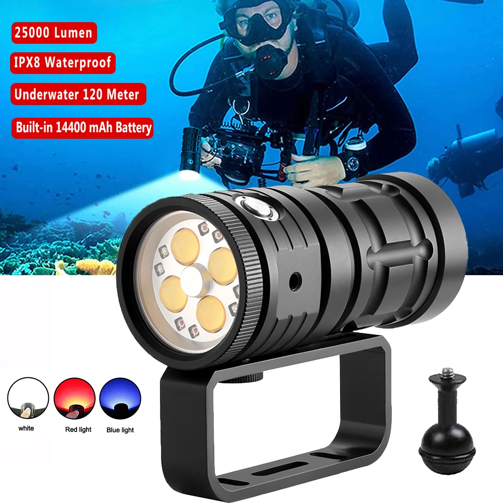 25000LM-Diving-Flashlight-IPX8-Waterproof-LED-Scuba-Dive-Torch-Red-Blue ...