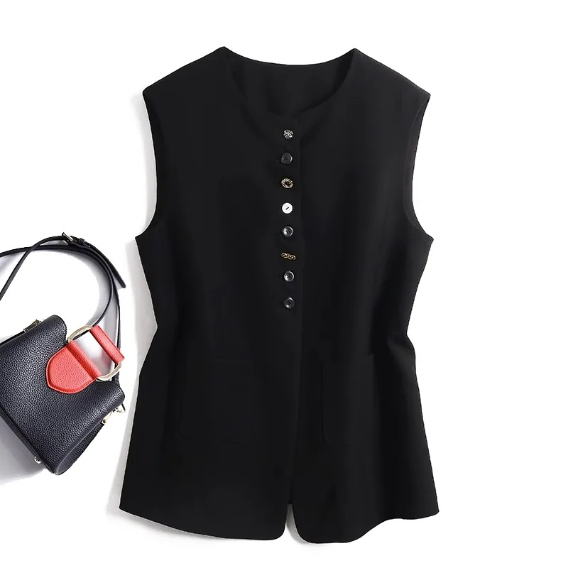Women-Round-Neck-Suit-Vest-Outerwear-Lady-Black-Sleeveless-Waistcoat ...