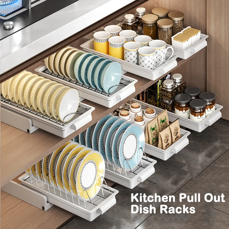 Kitchen-Pull-Out-Dish-Racks-With-Drainboard-Drawer-Storage-Sliding-Mesh ...
