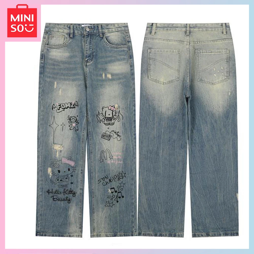 Miniso-American-Vintage-Handmade-Inkjet-Cartoon-Hellokitty-Jeans-Womens ...