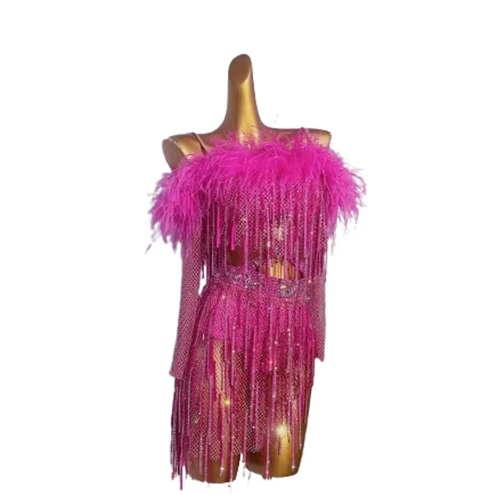 Latin Dance dress High-end Custom Pink Fluff Mesh Cloak Sling Dance ...