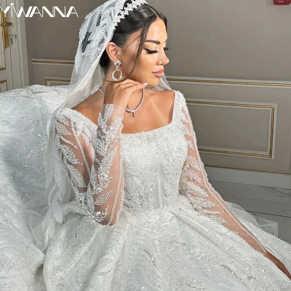 Modest-Square-Neck-Bridal-Dress-Sparkly-Sequins-Beads-Wedding-Gown-2024 ...