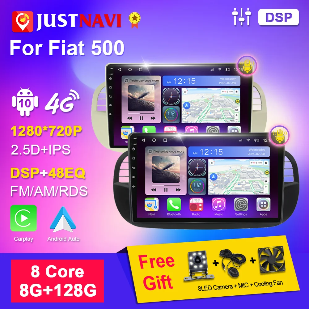 JUSTNAVI para fiat 500 android 10 autoradio estéreo navegação gps ...