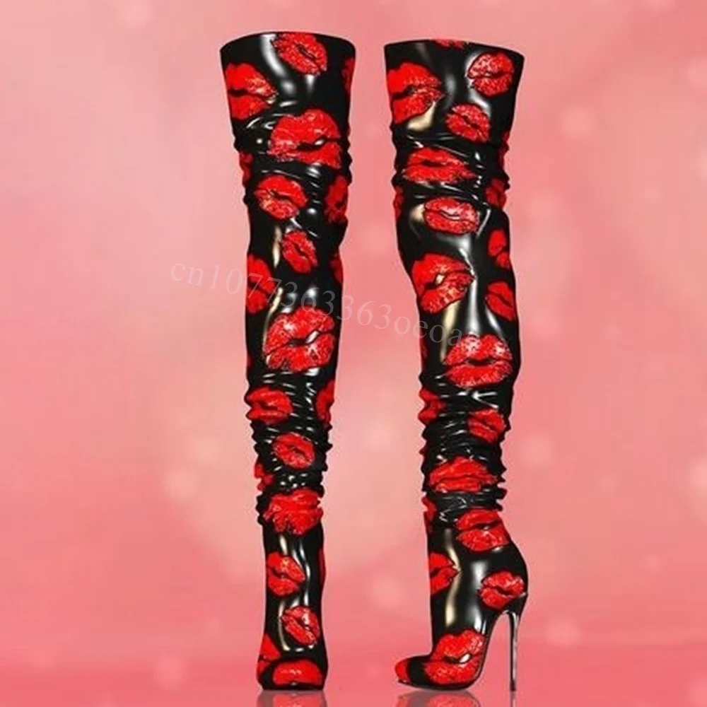 Printing Red Lips Pattern Boots Sexy Patent Leather Shoes for Women ...